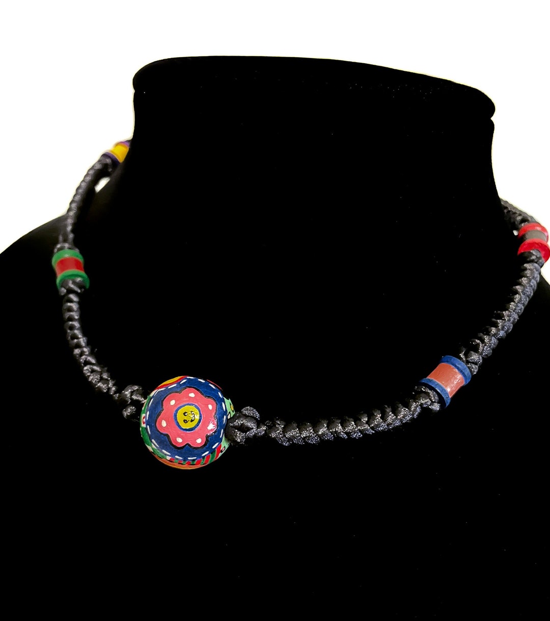 Handmade Chinese Knot Choker Necklace - Pop Art Hand Painted Wood Beads ...