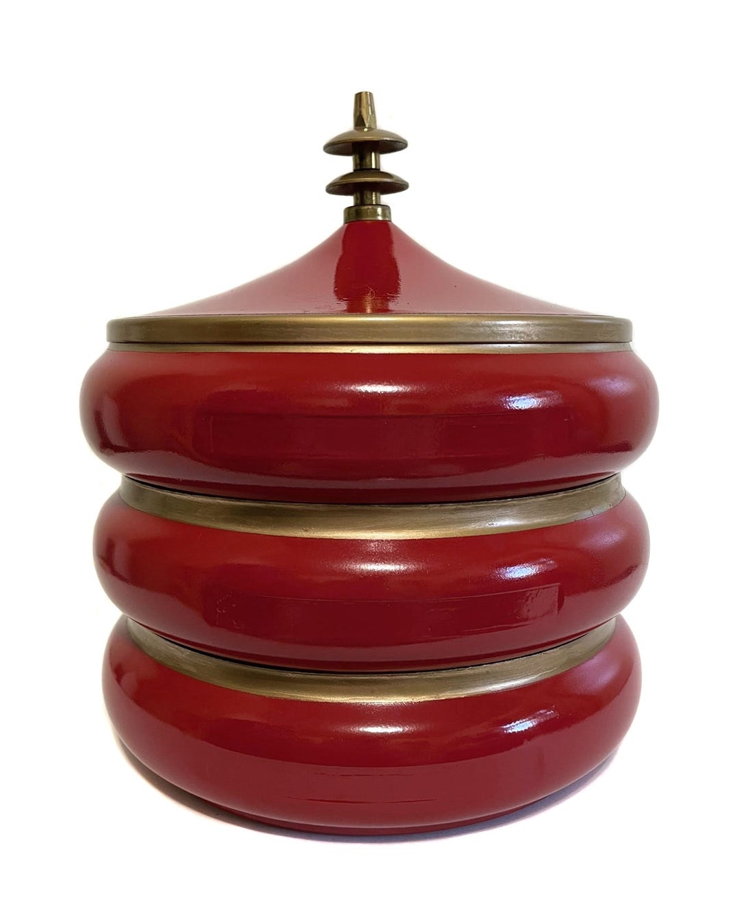 Vintage Red Pagoda Metal Stack Set Canisters Set of 3 Snack Containers ...