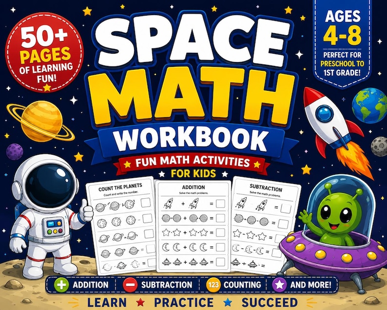 Space Math Workbook for Kids Ages 4-8 | Addition & Subtraction ...