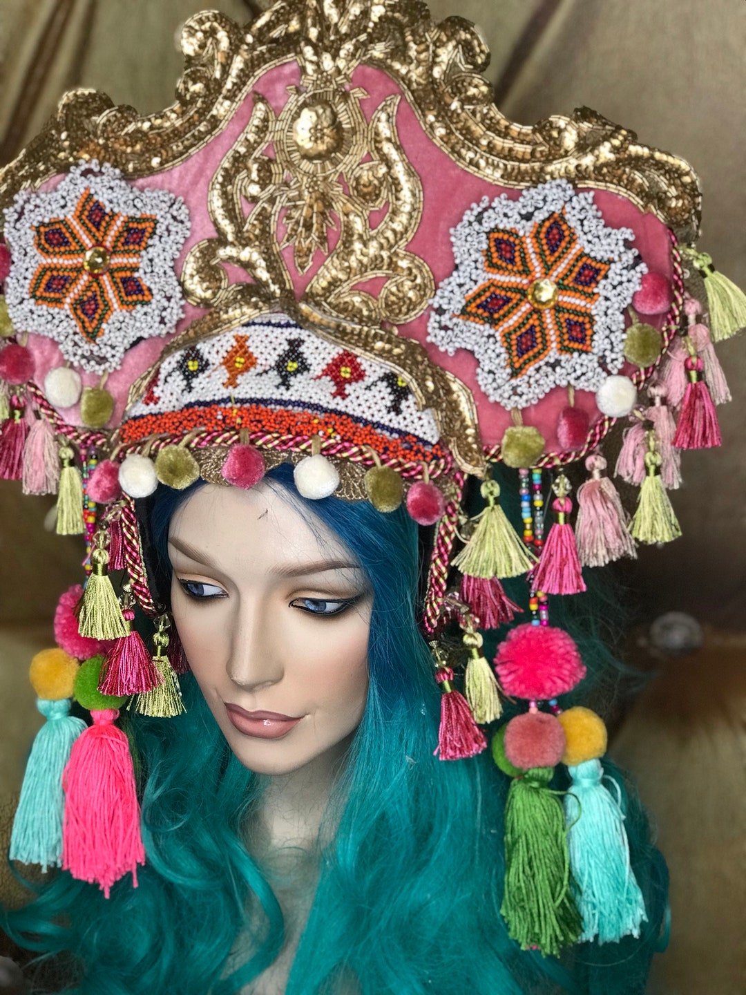 READY TO SHIP Gypsy Pom Pom Fringe Headpiece Headdress - Etsy