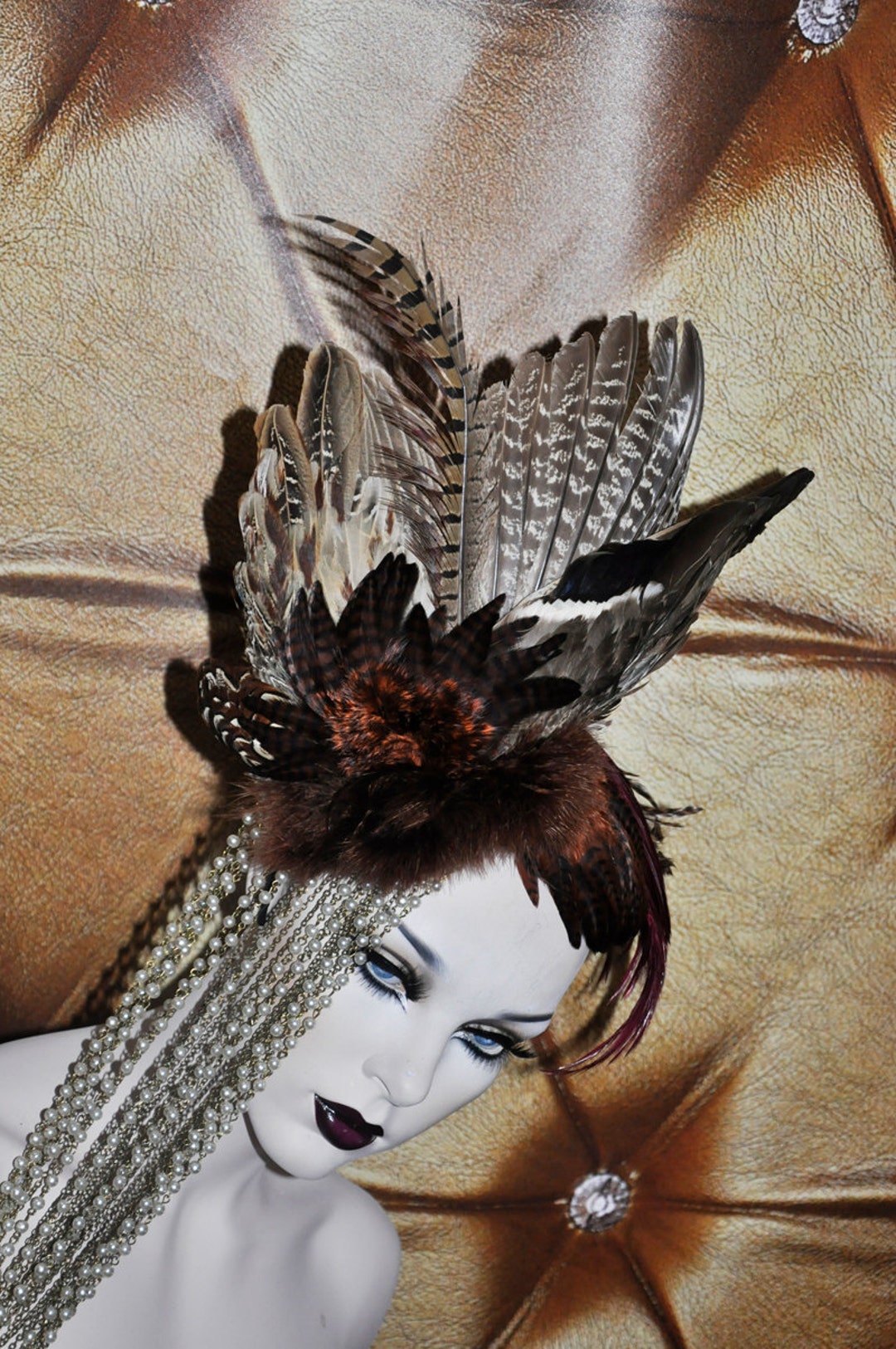 MADE TO ORDER Stunning Artistic Bird Wing Burgundy Browns Beaded Gothic ...