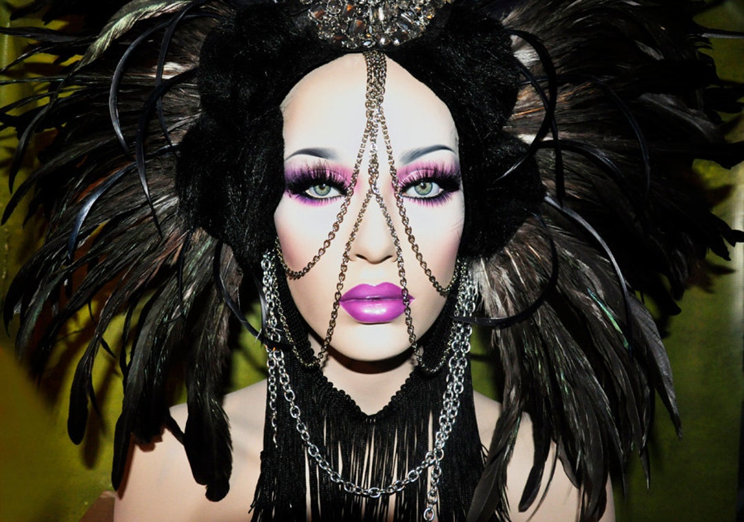 MADE TO ORDER Headdress Raven Bird Wig Noir Feathers Chain Studs - Etsy