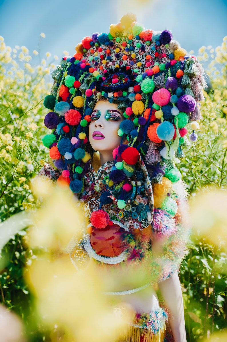 MADE TO ORDER Pan inspired colorful Pom Pom headpiece | Etsy