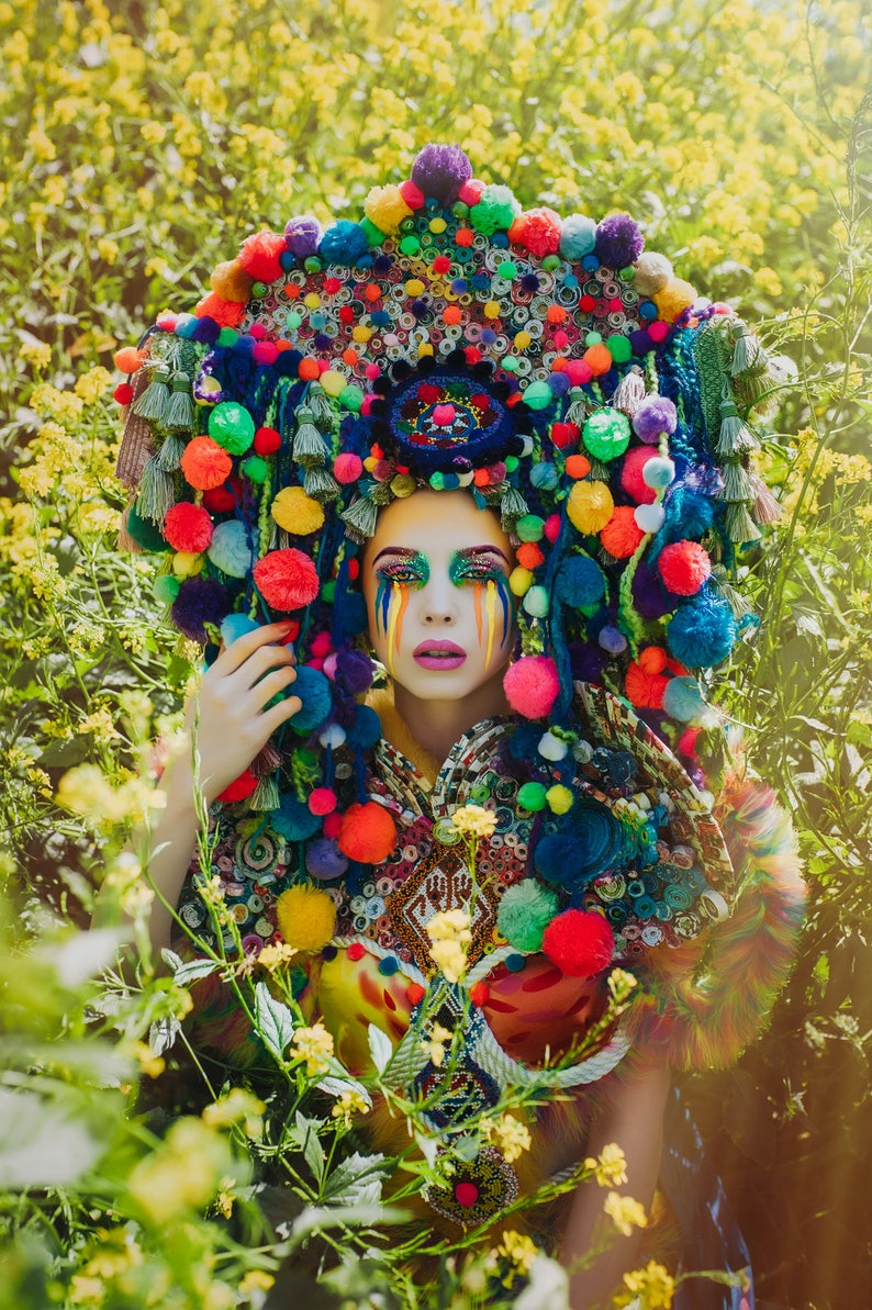 MADE TO ORDER Pan inspired colorful Pom Pom headpiece | Etsy