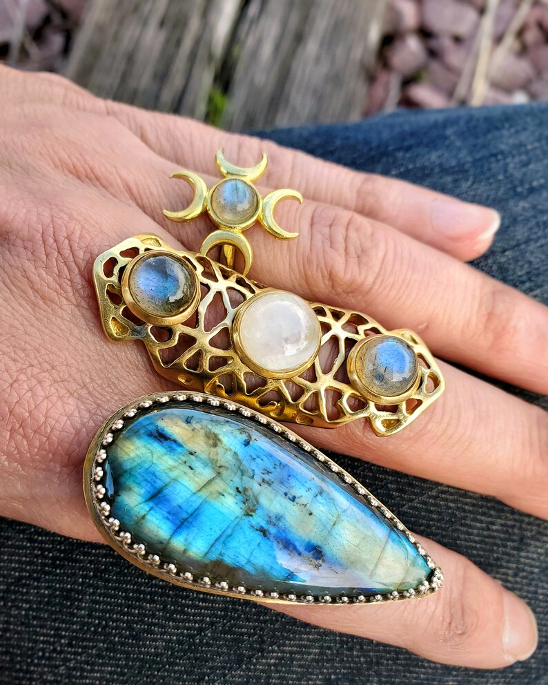 LATTICE RING /// MOONSTONE Labradorite 3 Stone Ring Tall | Etsy