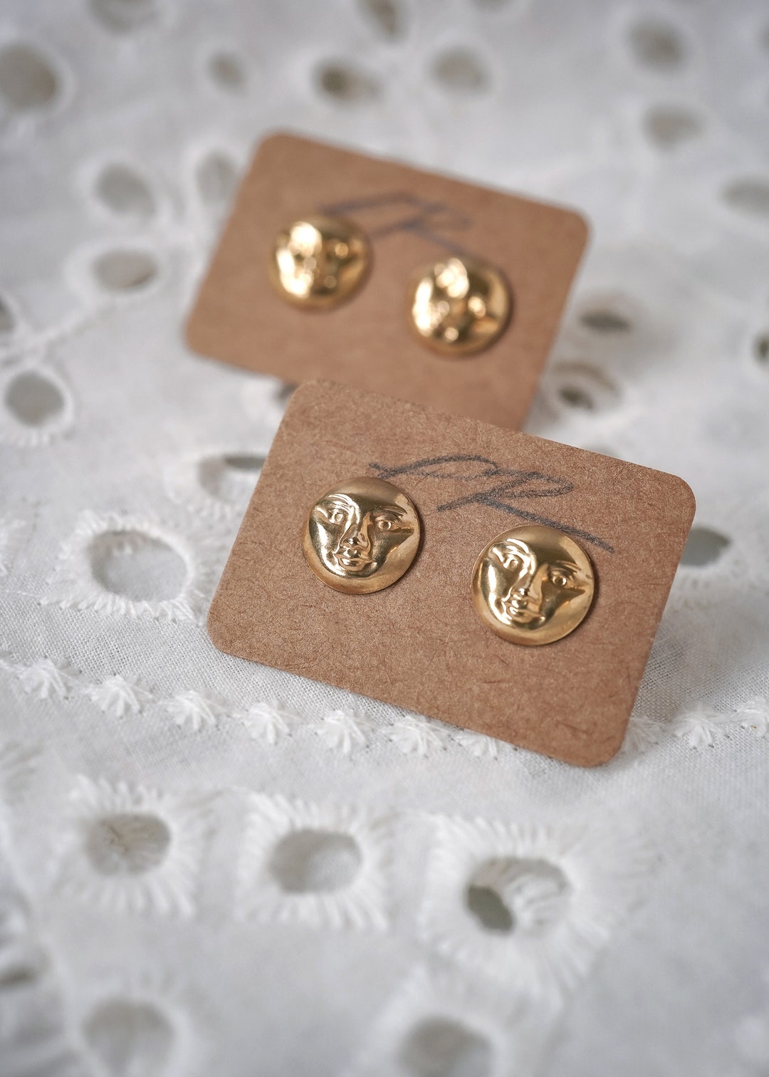 BOHEMIAN FACE STUDS - Aged Brass - Golden Stud Earrings - Etsy