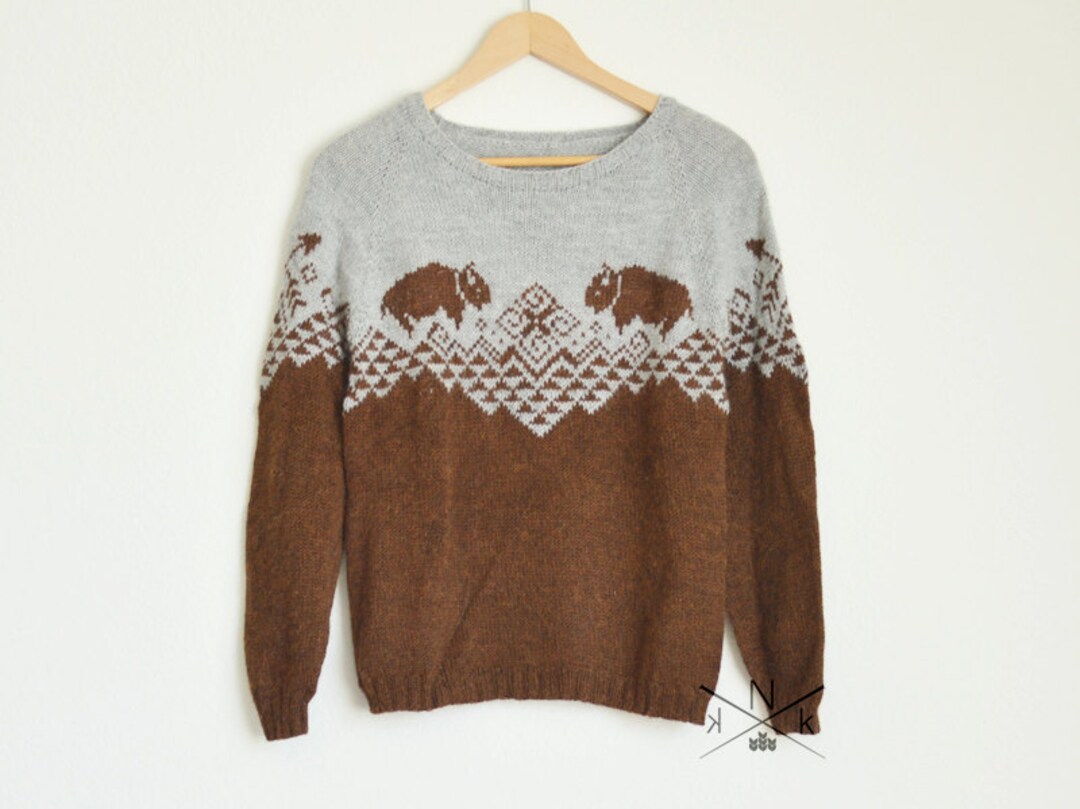 Buffalo Sweater Long Sleeve Hand Knit Wool Bison Animal - Etsy