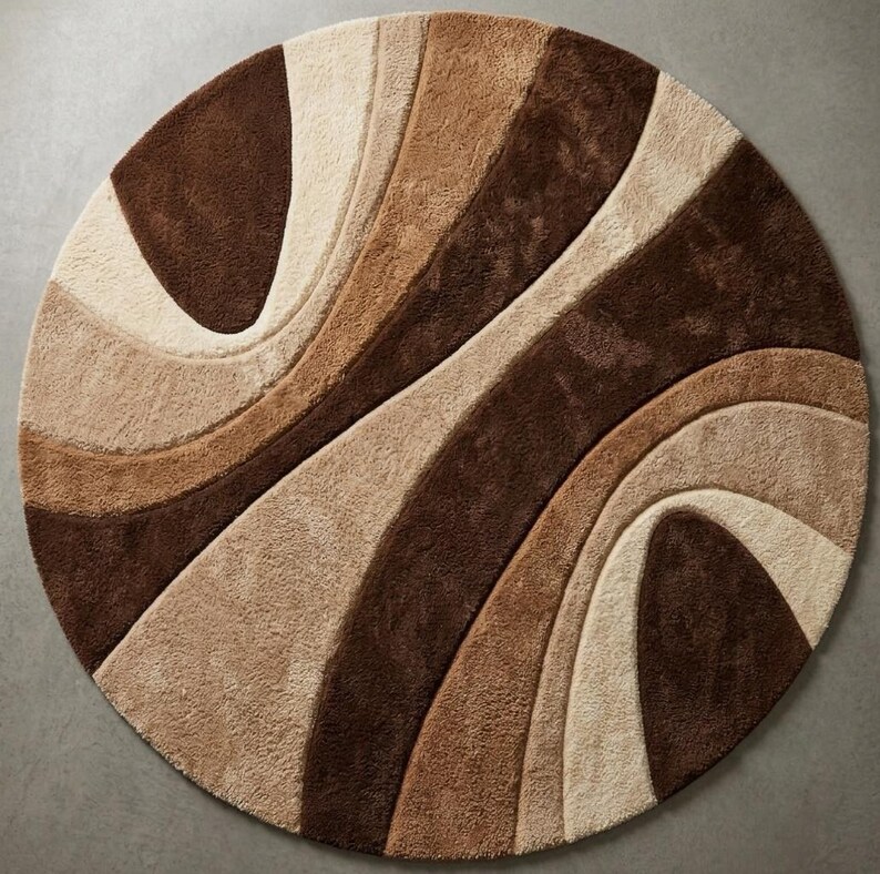 Hand Tufted Abstract Swirl Round Rug, Brown Beige Cream Contemporary ...