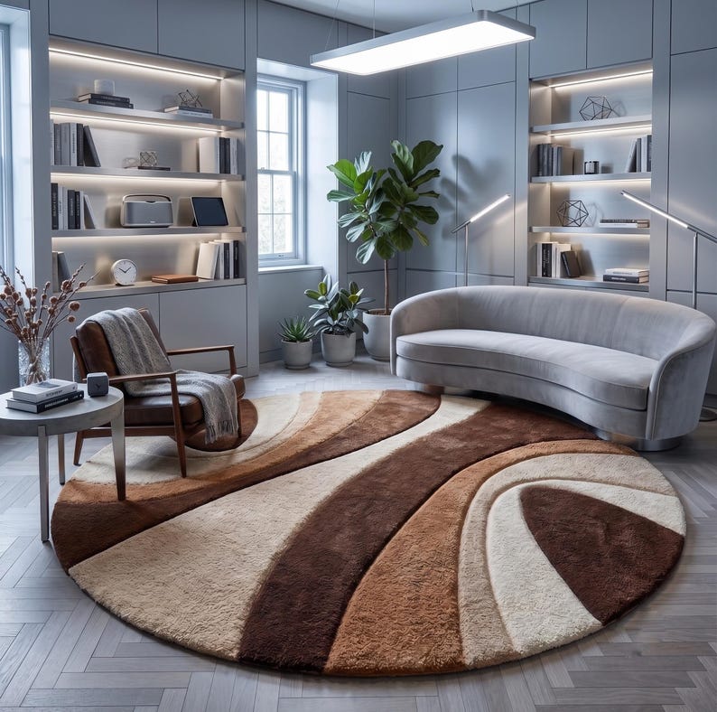 Hand Tufted Abstract Swirl Round Rug, Brown Beige Cream Contemporary ...