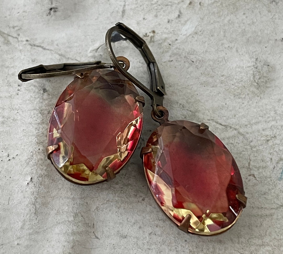 Vintage Creole Rose Earrings: Translucent Sunset Glass, Antique Brass ...