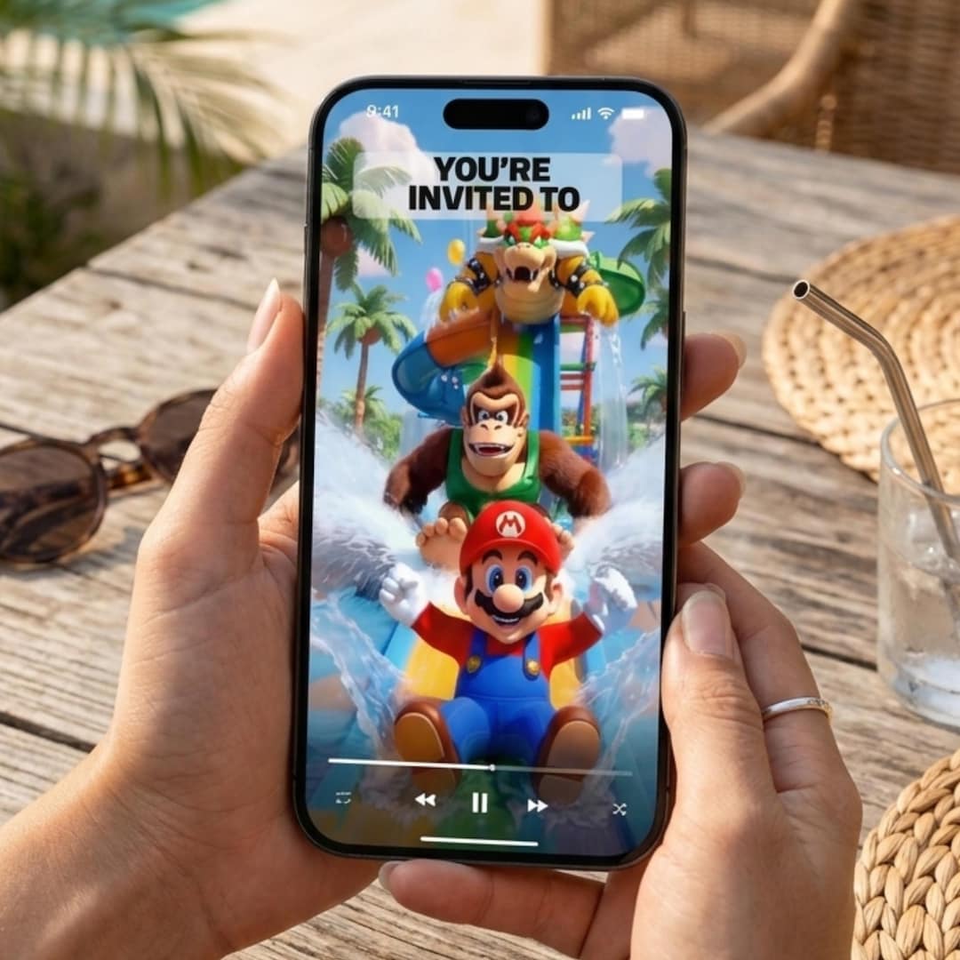 Super Mario Pool Party Video Invitation, Tropical Gamer Birthday Invite ...