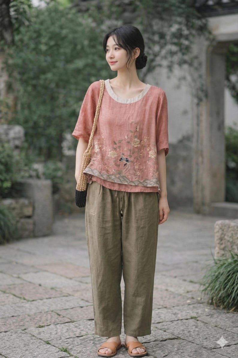 Embroidered Linen Blouse for Women, Floral Boho Summer Top, Loose Fit ...