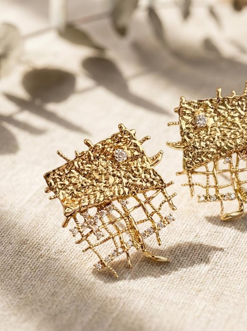 Vintage Gold Textured Earrings, Abstract Statement Stud Earrings ...