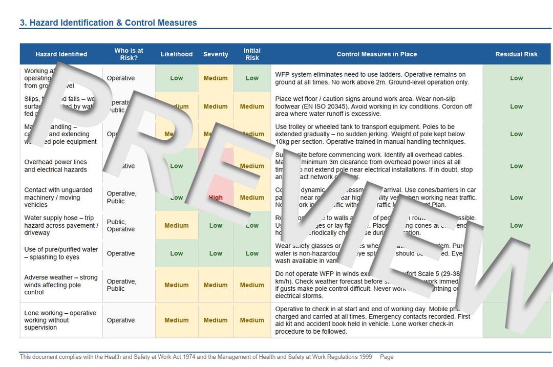 Window Cleaning Risk Assessment Template | Water Fed Pole Safety (word ...