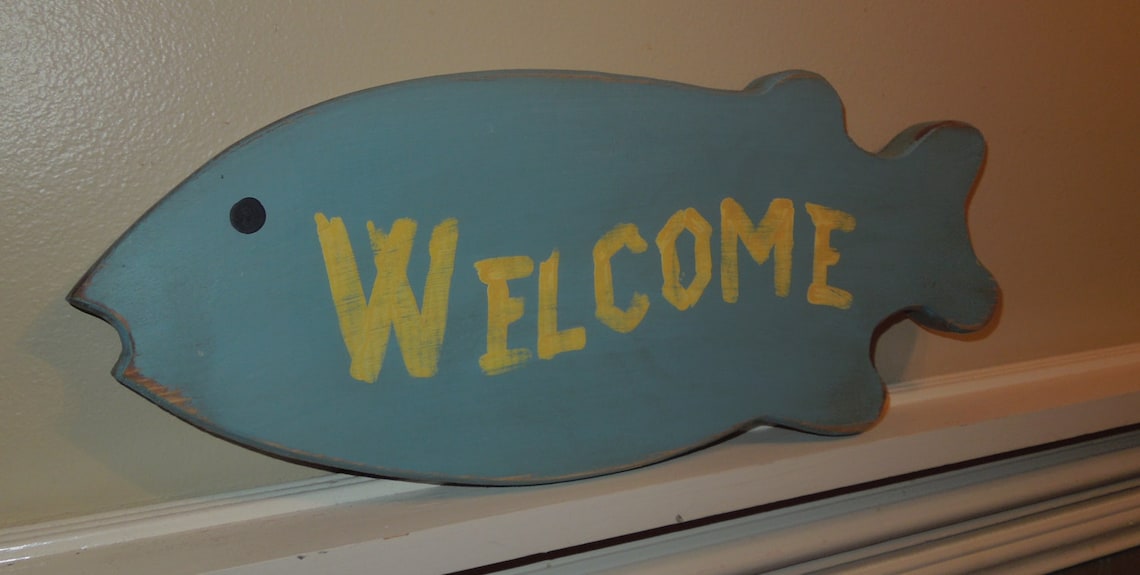 Fish WELCOME sign/blue fish/rustic sign/lake sign/wooden | Etsy