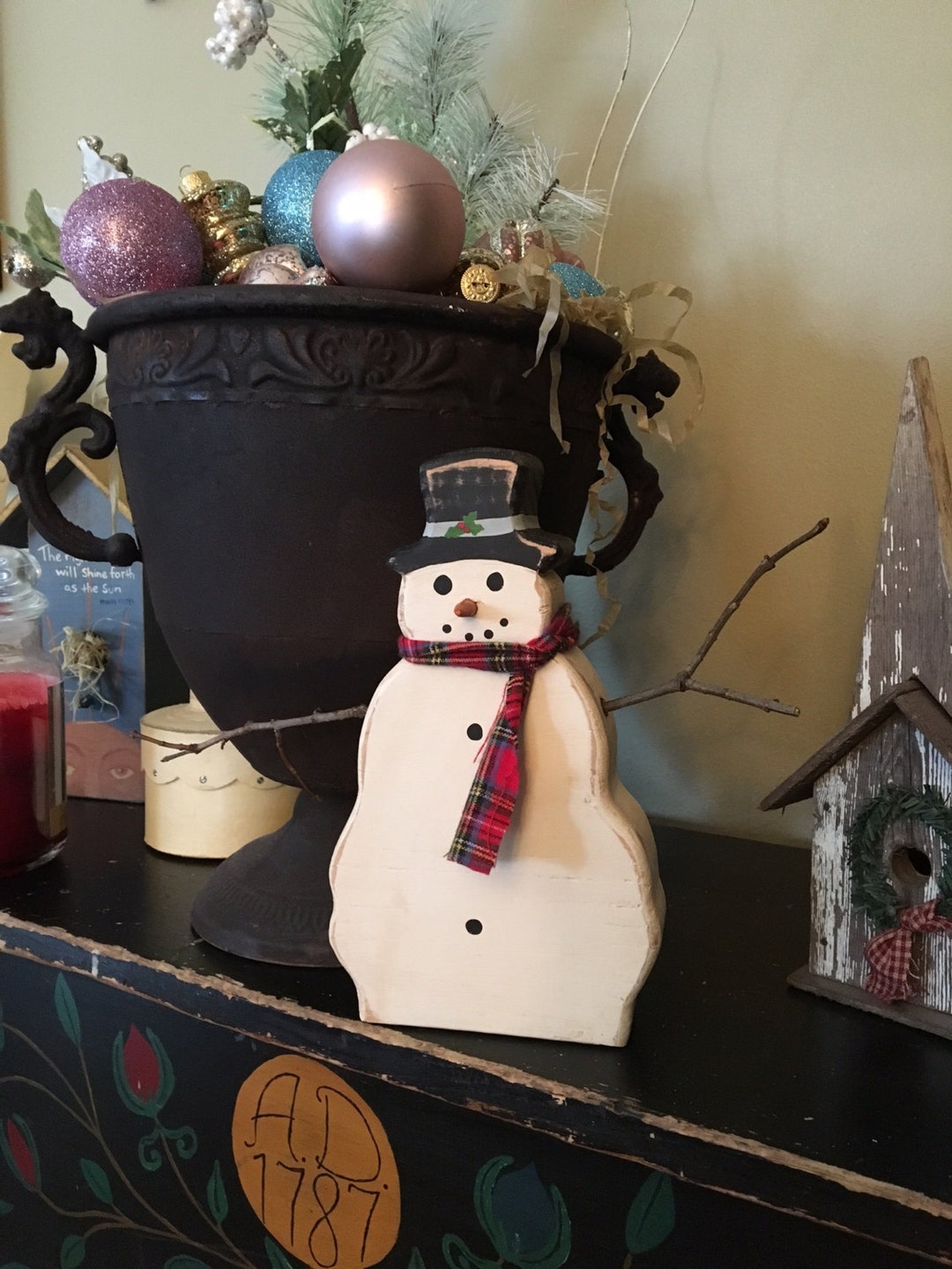Folk Art Snowman/rustic Snowman/hand Painted Snowman/wooden Snowman ...