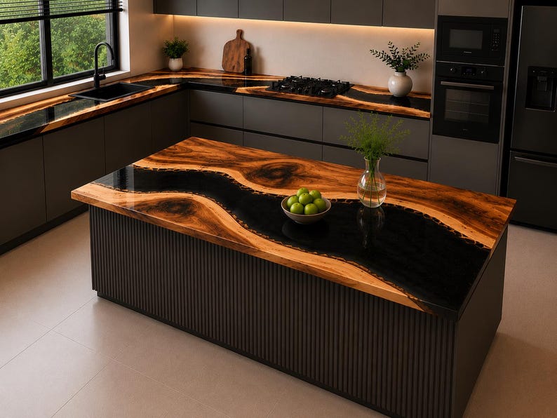 Handmade Wood Resin Countertop – Custom River Style Kitchen Island Top ...