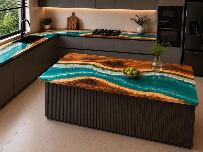 River Epoxy Kitchen Countertop, Wood Grain Resin Island Top, Coastal ...