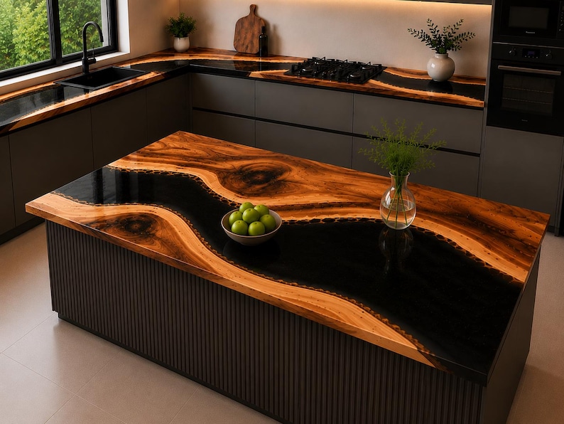 Handmade Wood Resin Countertop – Custom River Style Kitchen Island Top ...