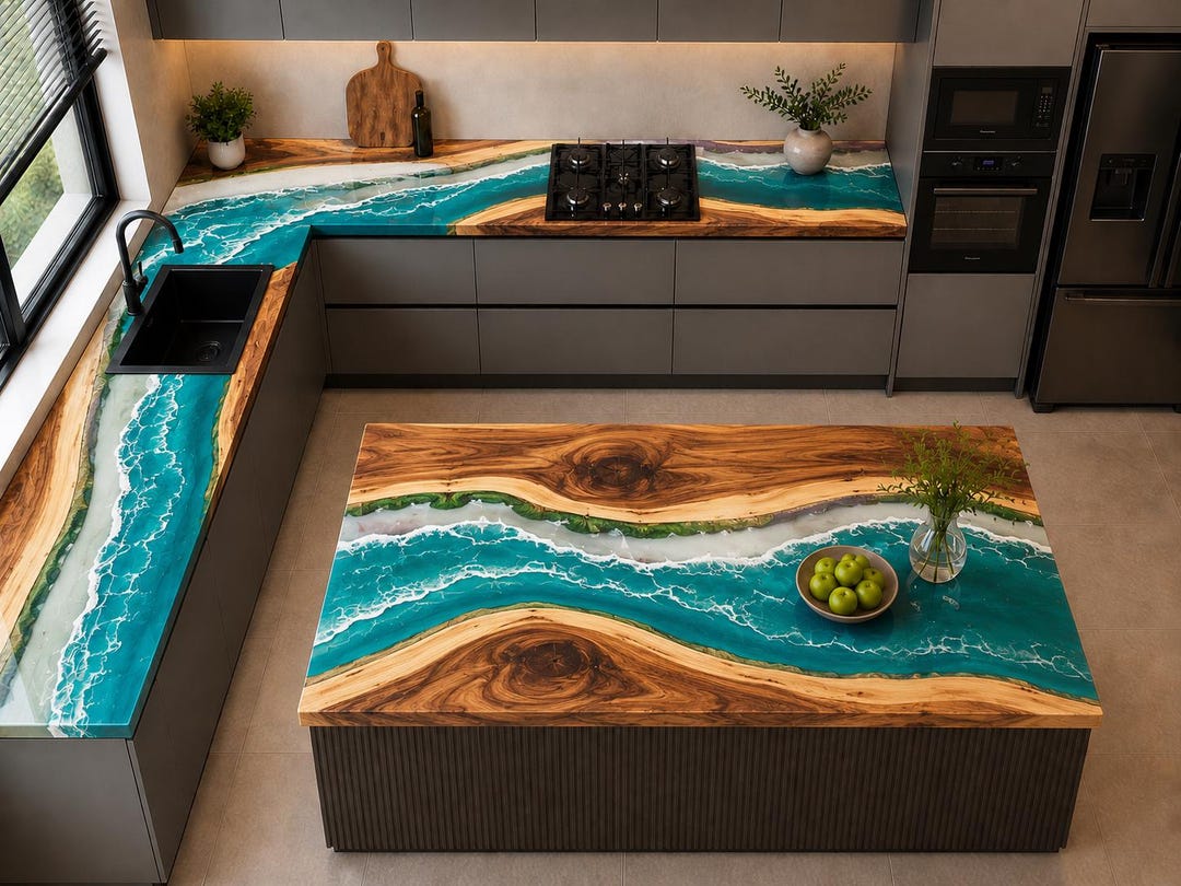 River Epoxy Kitchen Countertop, Wood Grain Resin Island Top, Coastal ...