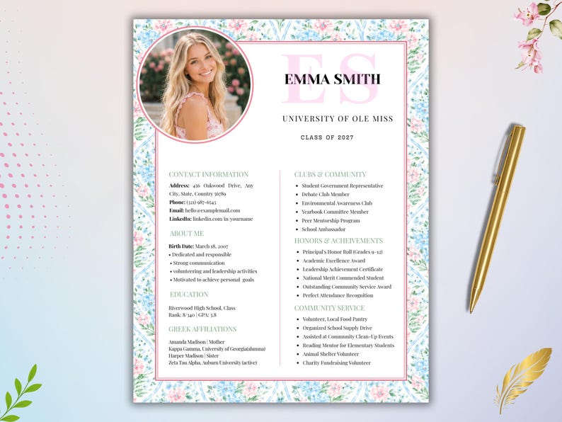 Sorority Rush Resume Template Canva | Ole Miss PNM Resume | Greek Life ...