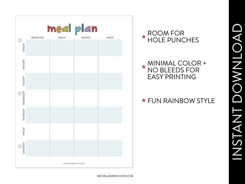 Printable Meal Planner PDF Worksheet Rainbow PDF Meal Plan Printable 2 ...