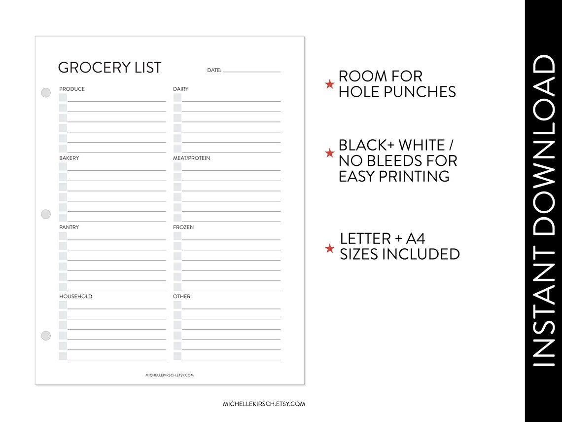 Printable Grocery List PDF Worksheet Black & White Grocery - Etsy