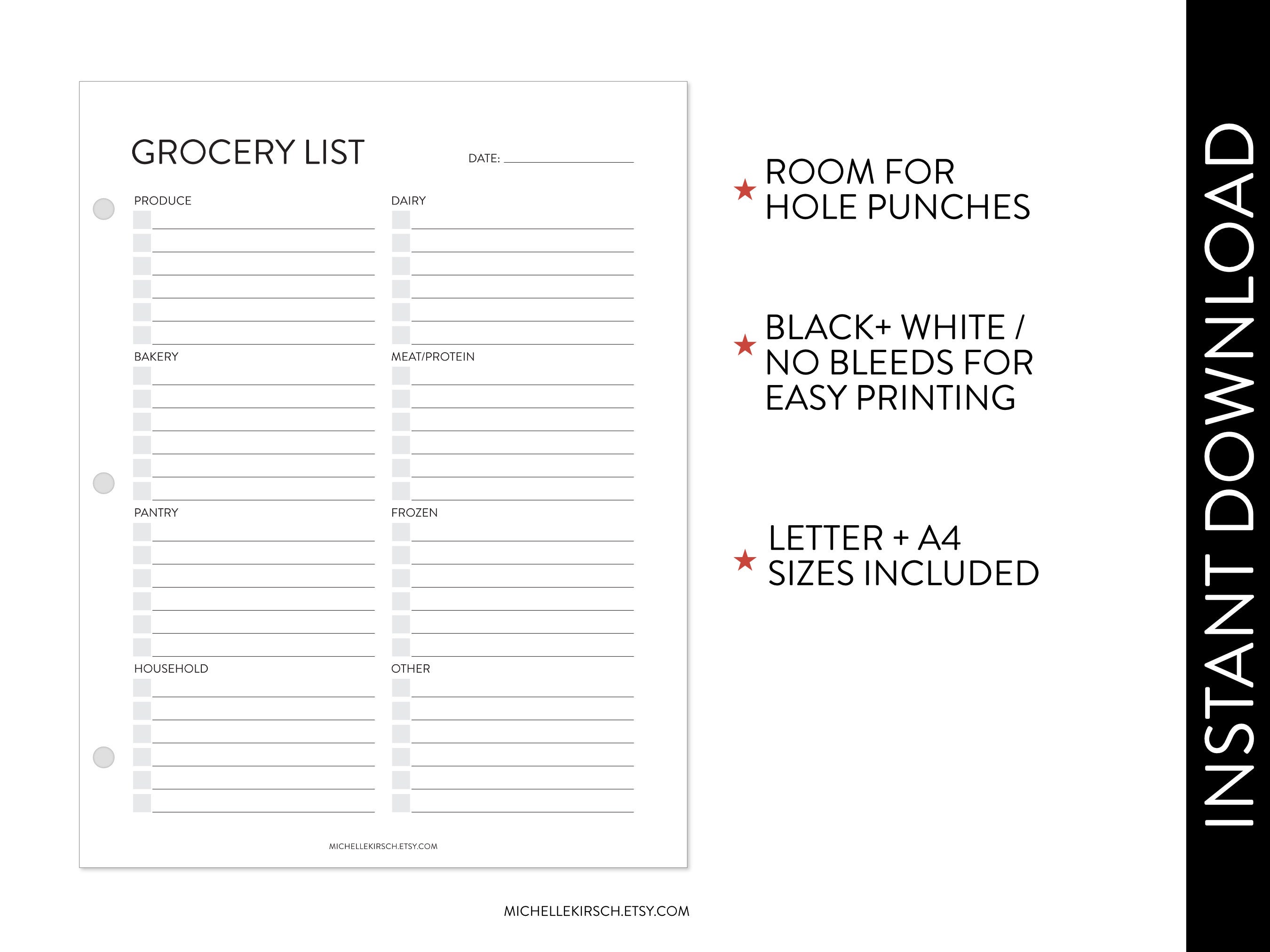 Printable Grocery List PDF Worksheet Black & White Grocery - Etsy
