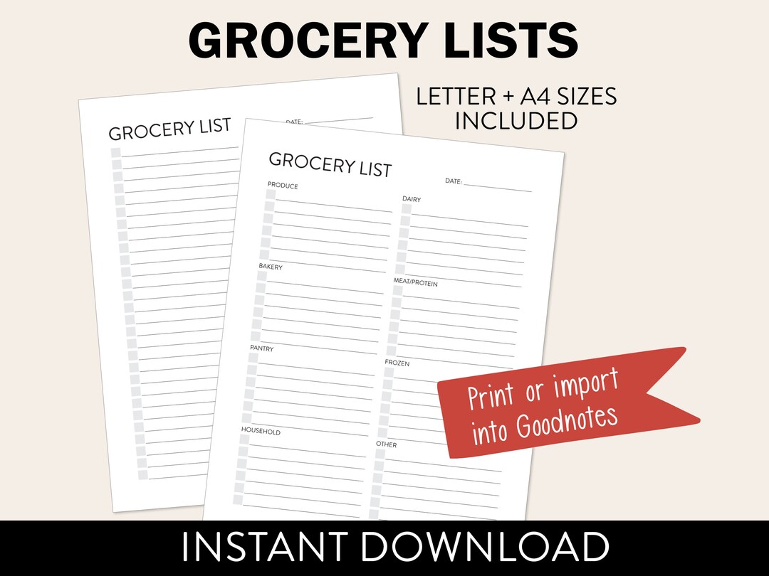 Printable Grocery List PDF Worksheet Black & White Grocery - Etsy