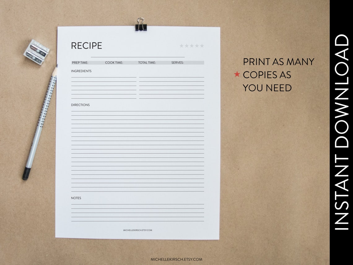 Printable Recipe Page PDF Worksheet Black & White Recipe - Etsy