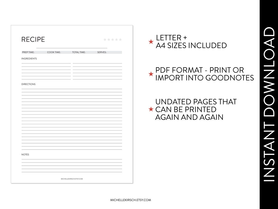 Printable Recipe Page PDF Worksheet Black & White Recipe - Etsy