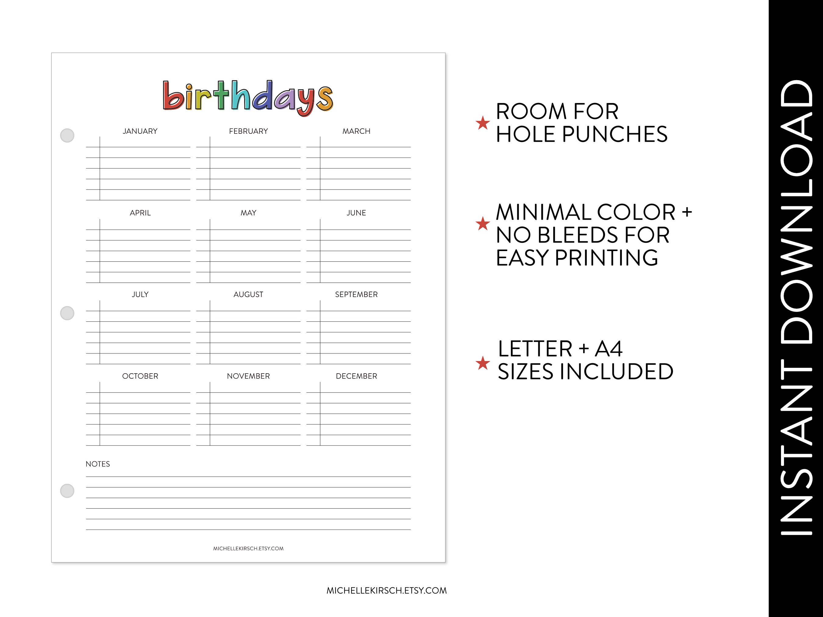 Printable Birthday Tracker PDF Worksheet Rainbow PDF - Etsy