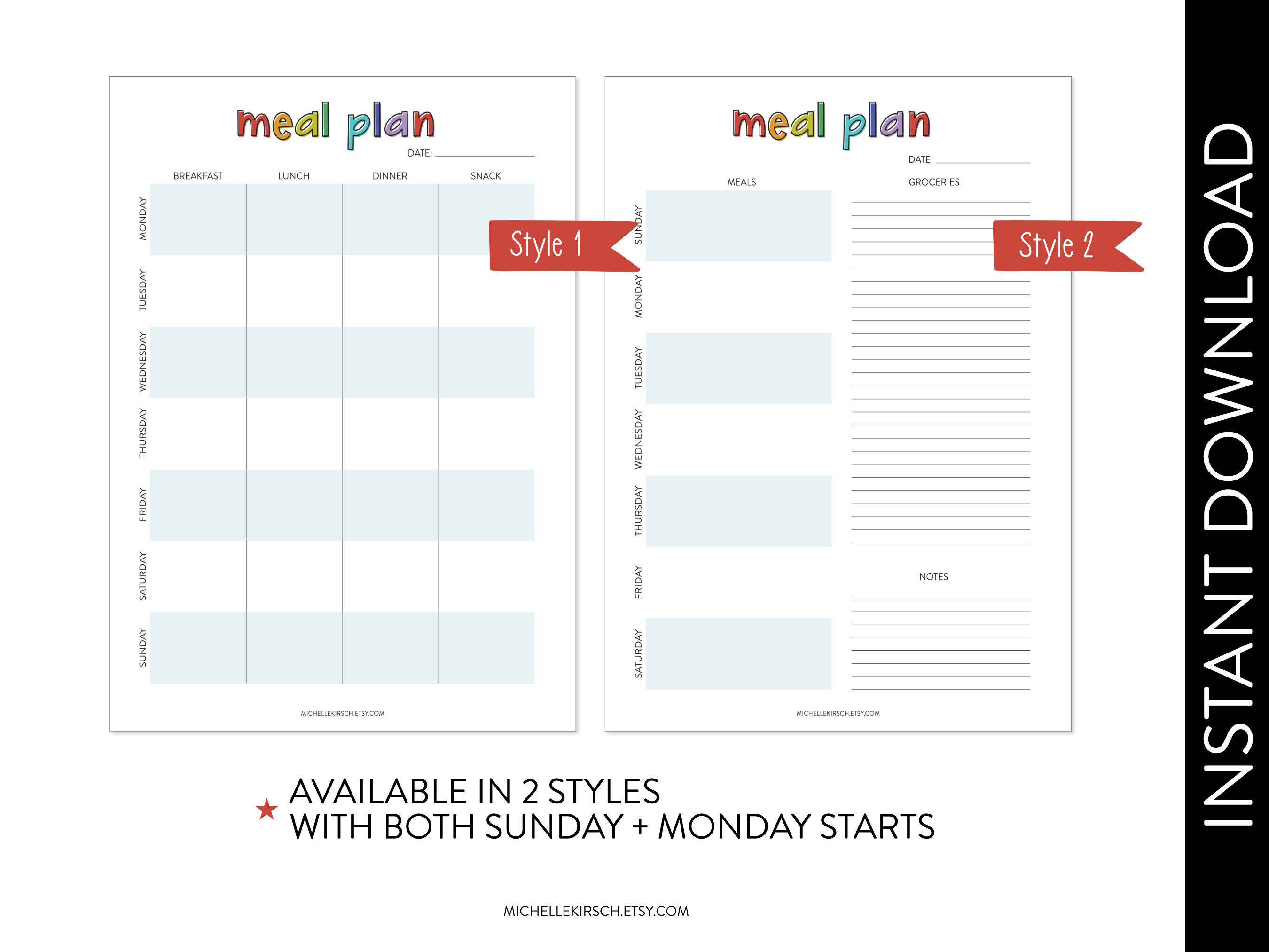 Printable Meal Planner PDF Worksheet Rainbow PDF Meal Plan Printable 2 ...