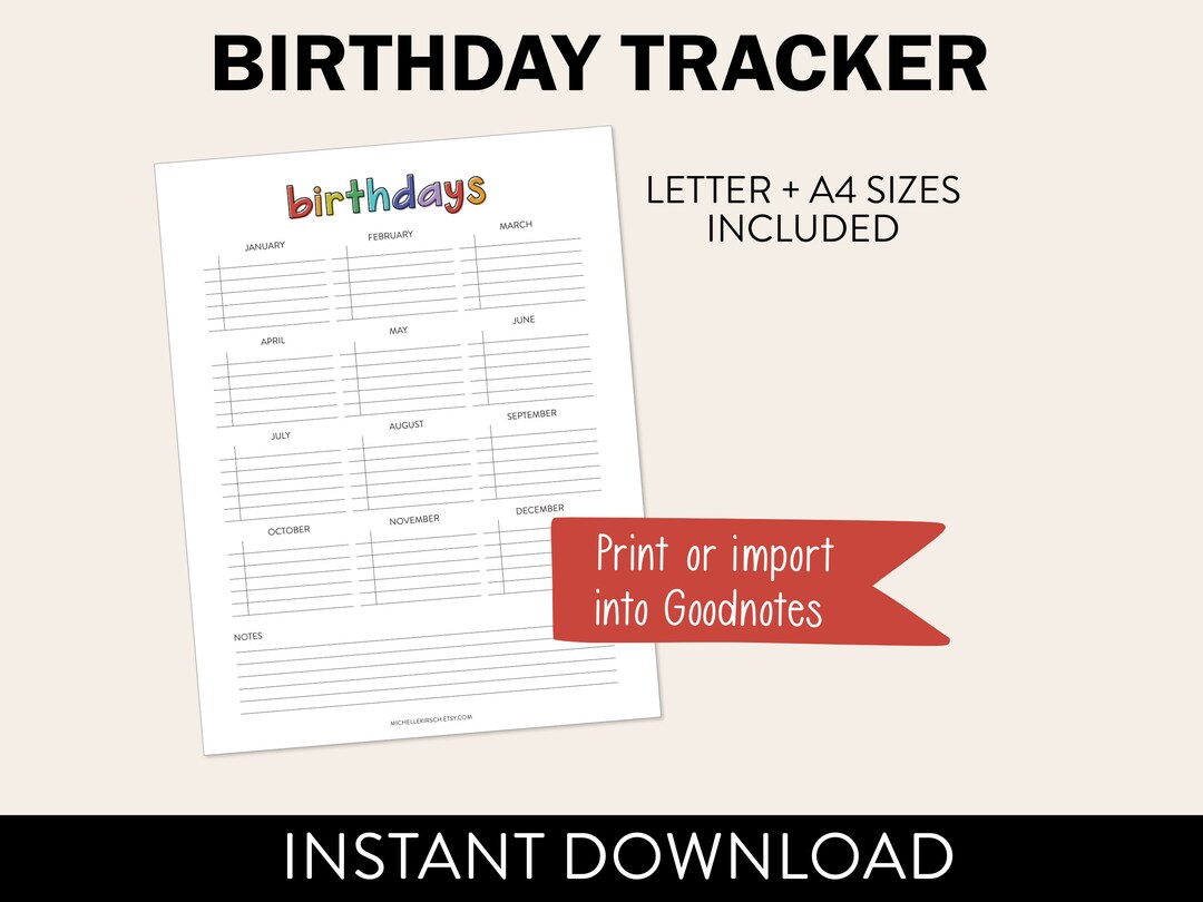 Printable Birthday Tracker PDF Worksheet Rainbow PDF Birthday Printable ...