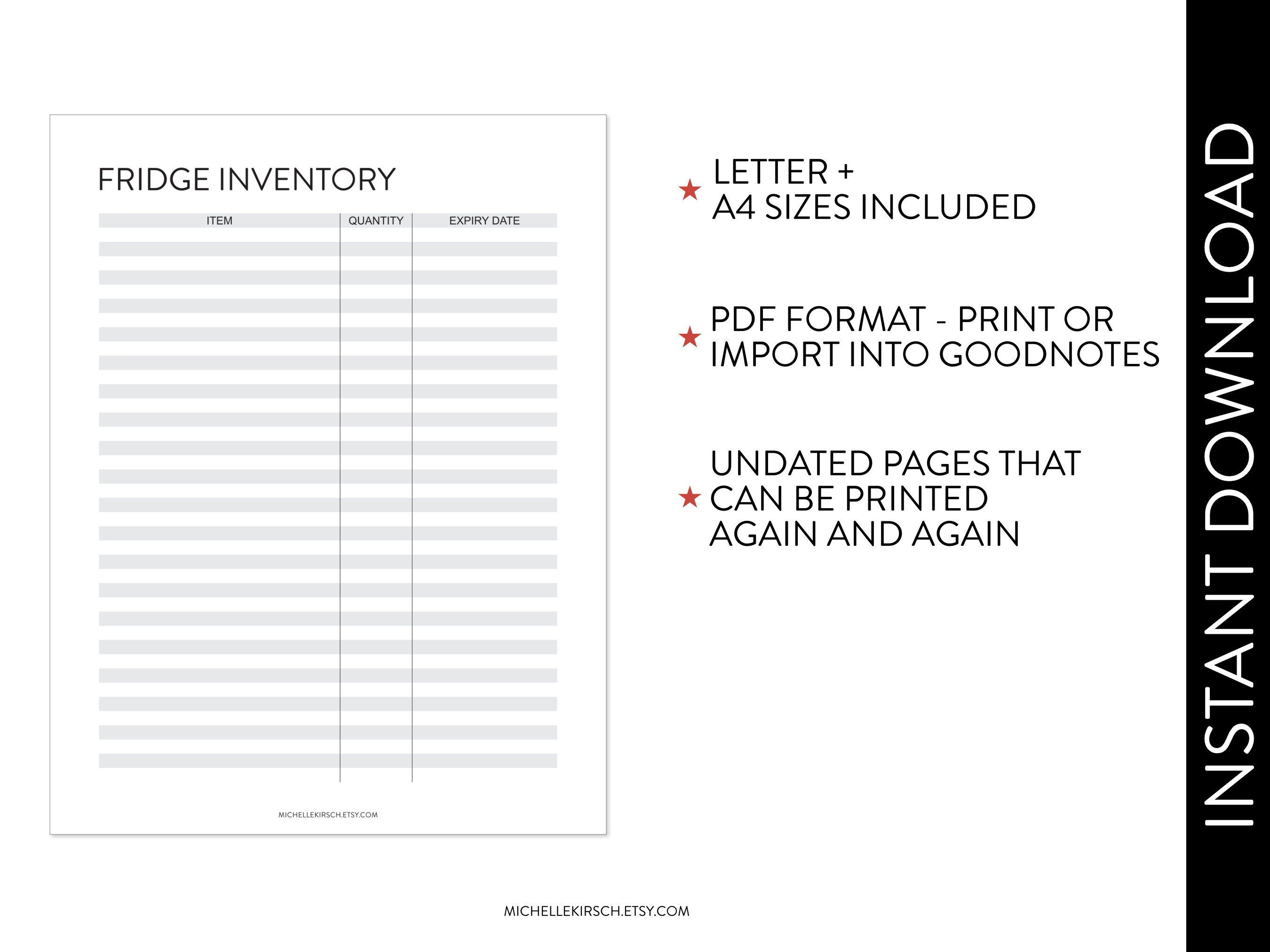 Printable Food Inventory PDF Worksheet Black & White Pantry, Fridge ...