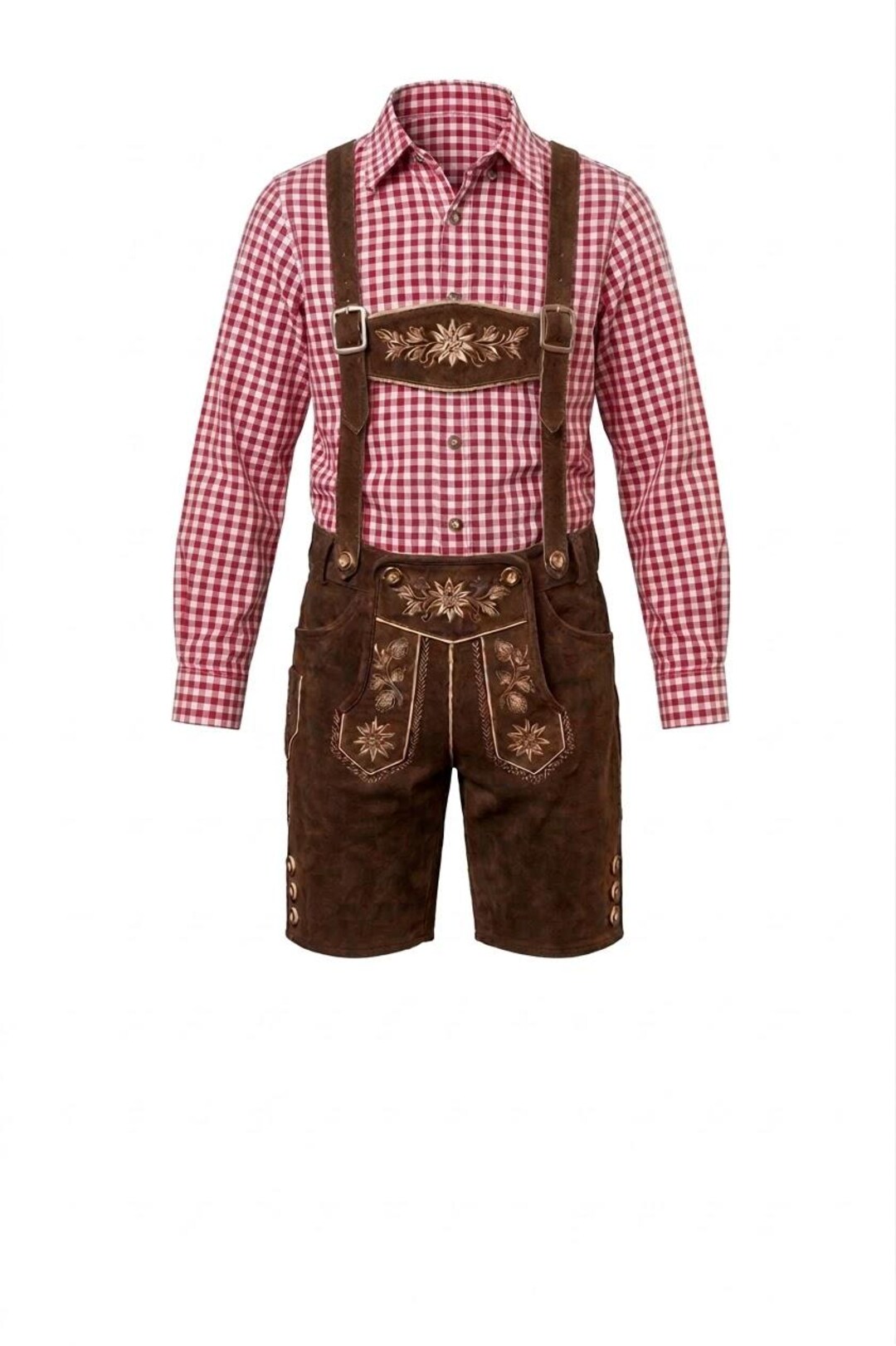 Childern Bavarian Lederhosen Set – Brown Leather Shorts, Checkered ...