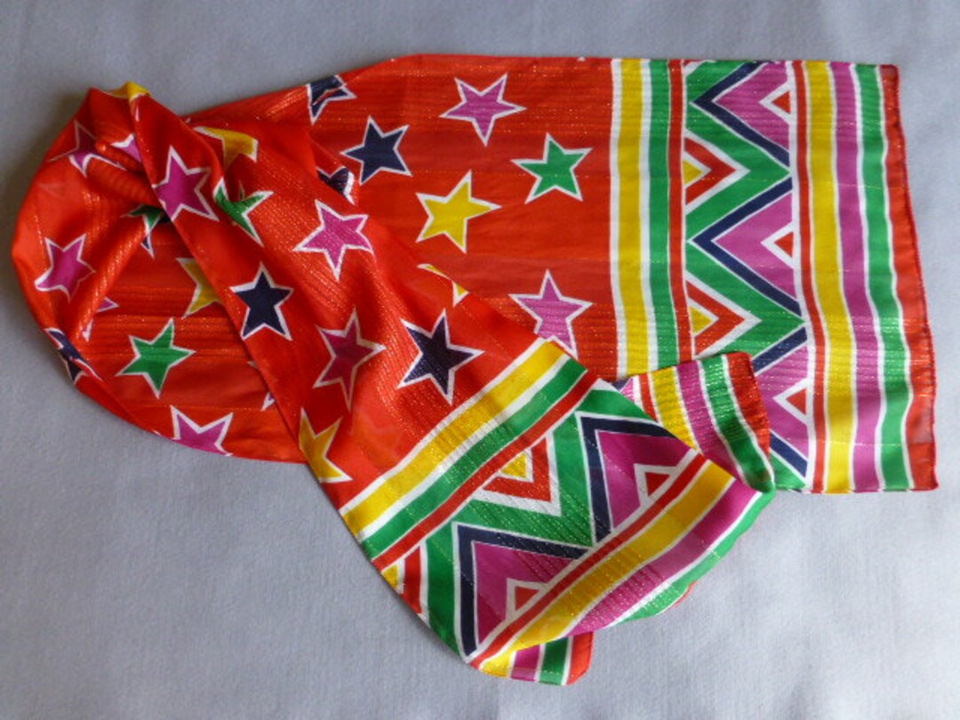 Vintage 1980s Red Scarf With Multi-coloured Stars and Metallic Threads ...