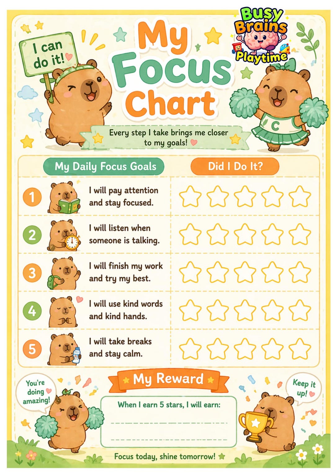 ADHD Reward Chart for Kids | Capybara Star Behavior Chart Printable ...