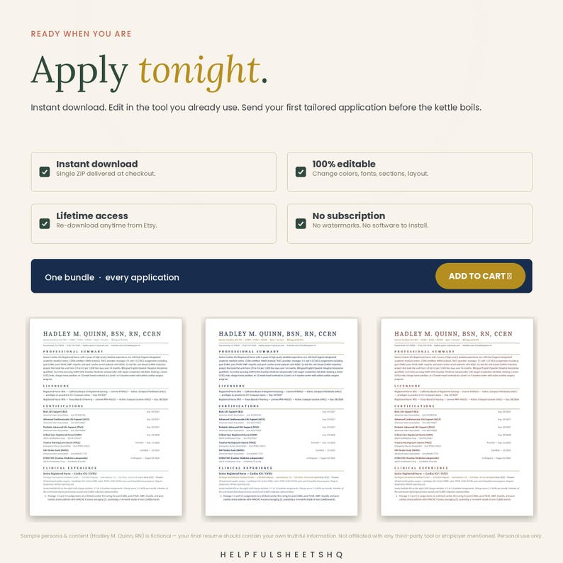 Nurse Resume Bundle | RN CV + Cover Letter | Word + Docs - Etsy