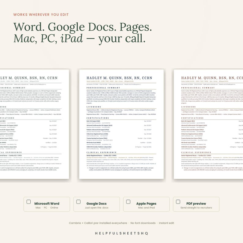 Nurse Resume Bundle | RN CV + Cover Letter | Word + Docs - Etsy