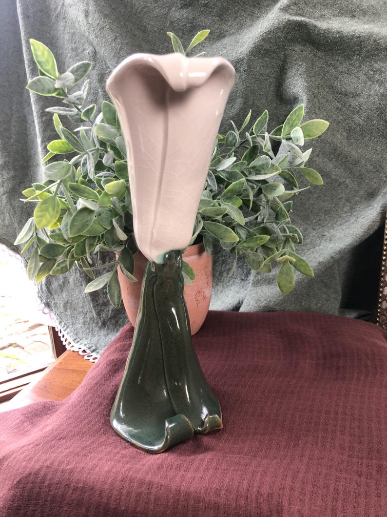 Signed Studio Pottery Calla Lily Vase: Green Speckled Ceramic Bud Vase ...