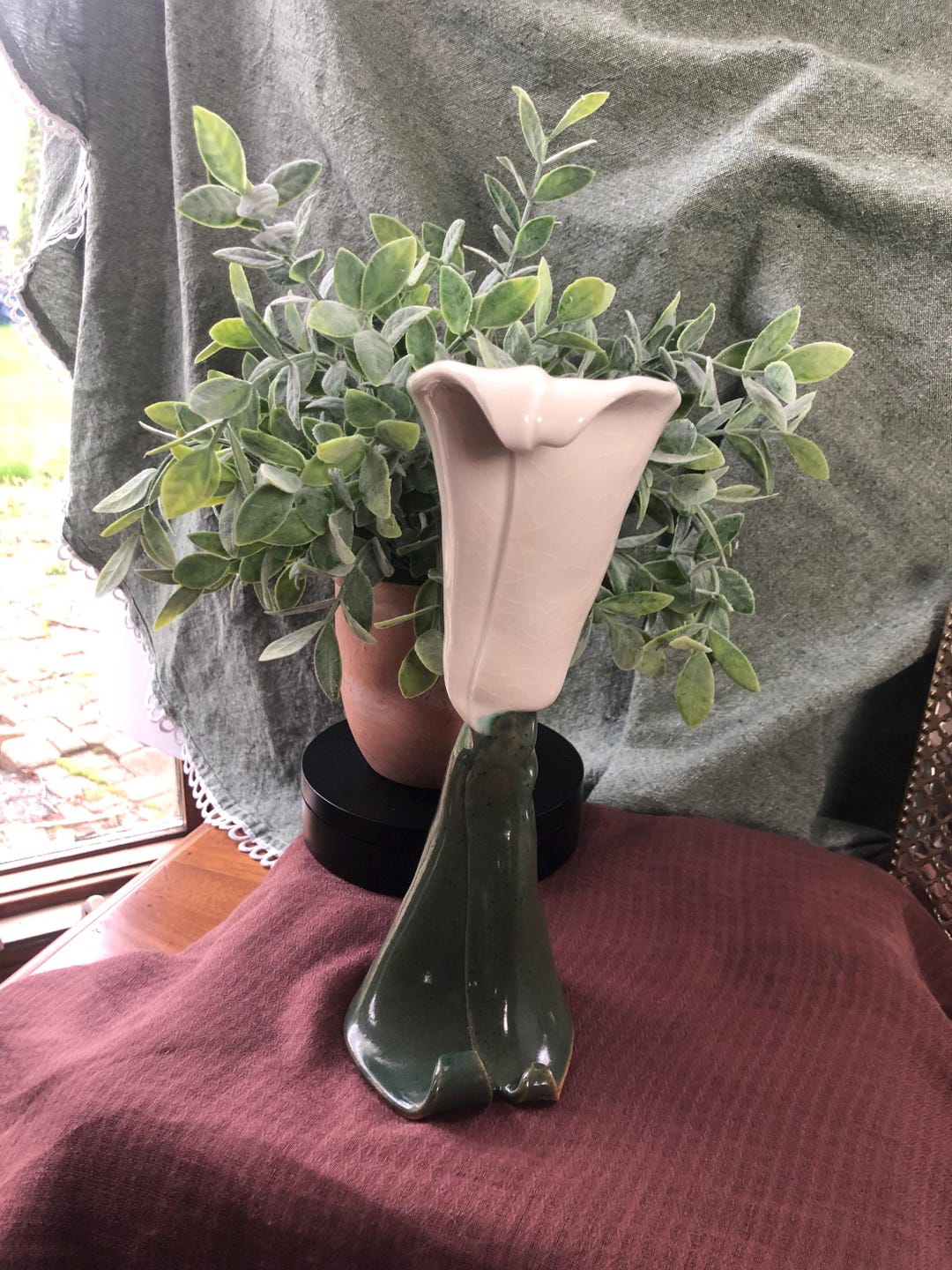 Signed Studio Pottery Calla Lily Vase: Green Speckled Ceramic Bud Vase ...