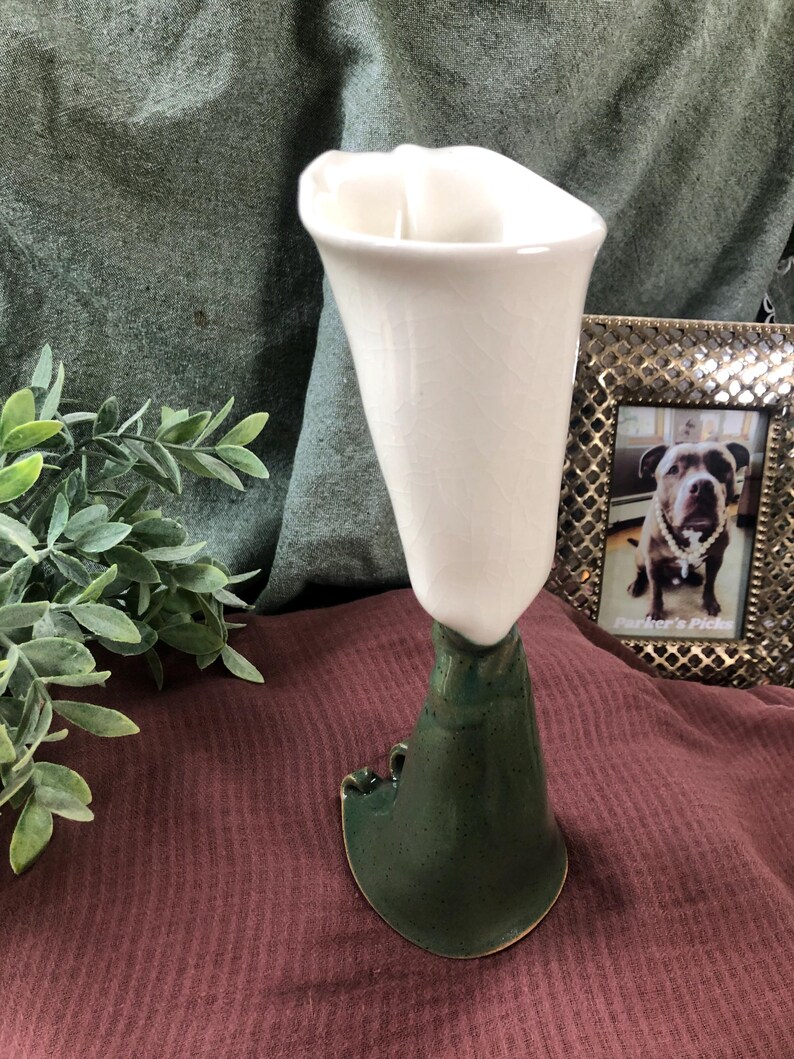 Signed Studio Pottery Calla Lily Vase: Green Speckled Ceramic Bud Vase ...