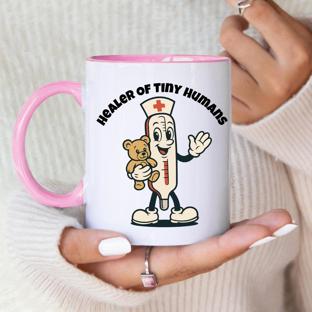 Healer of Tiny Humans Pediatric Nurse Mug Cute Retro Cartoon Coffee Cup ...