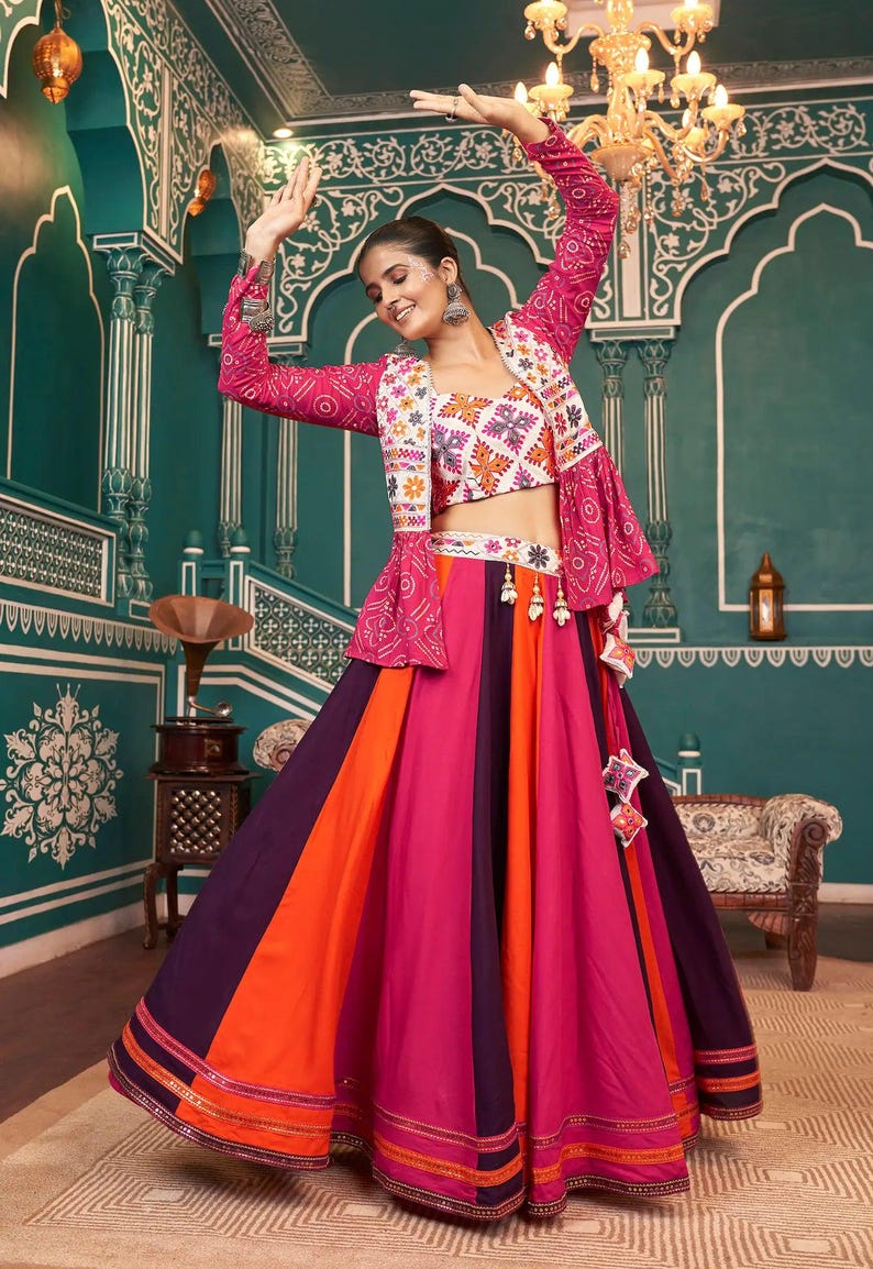 Designer Multi Color Navratri Lehenga Choli, Poly Maska Silk Garba ...