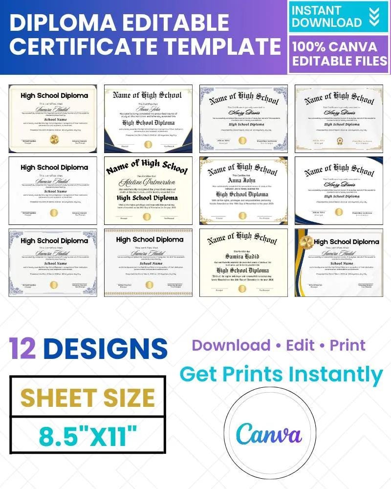 Editable Diploma Template, High School Graduation Certificate, Diploma ...