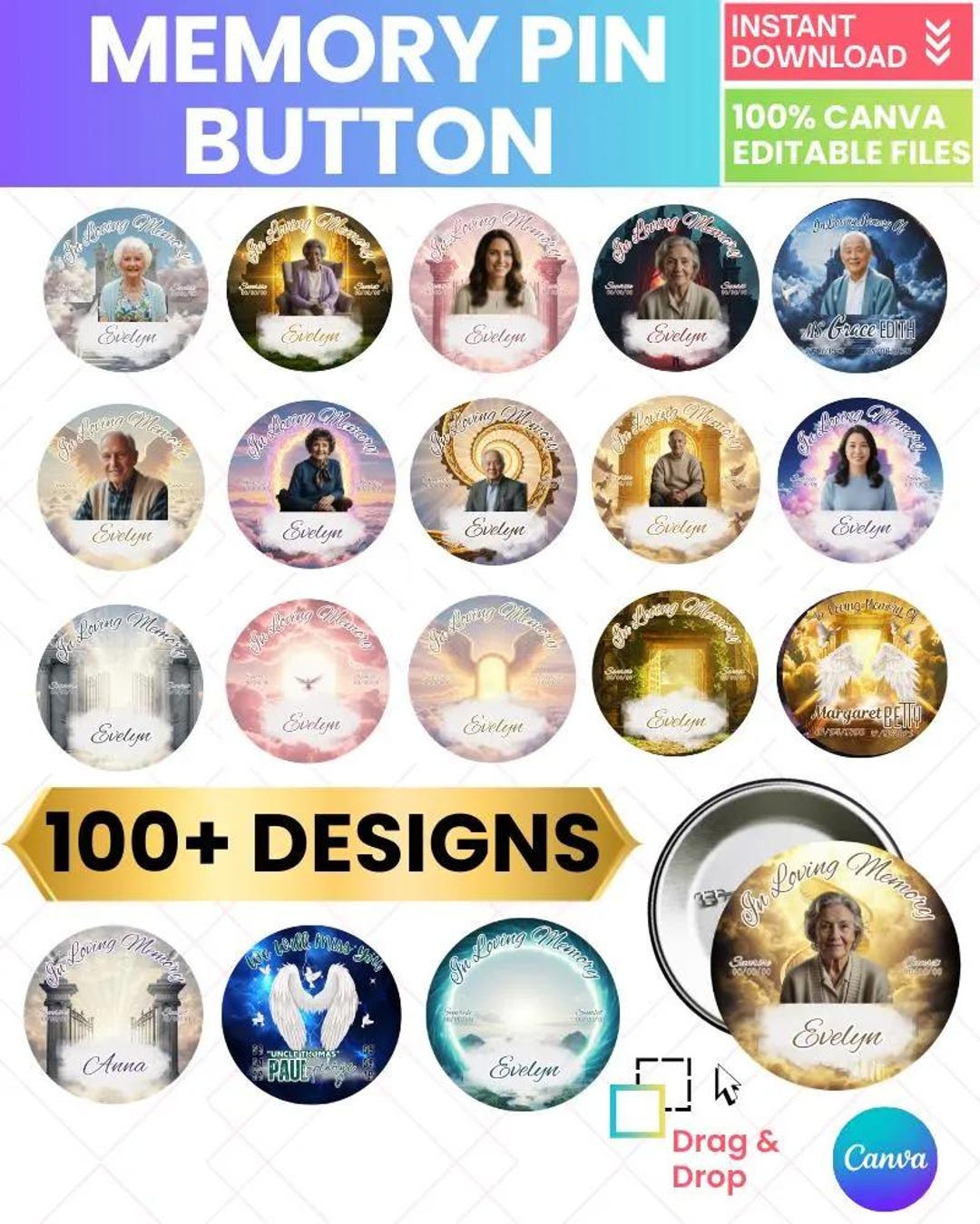 Memorial Button Template Canva, Funeral Button Template, in Loving ...