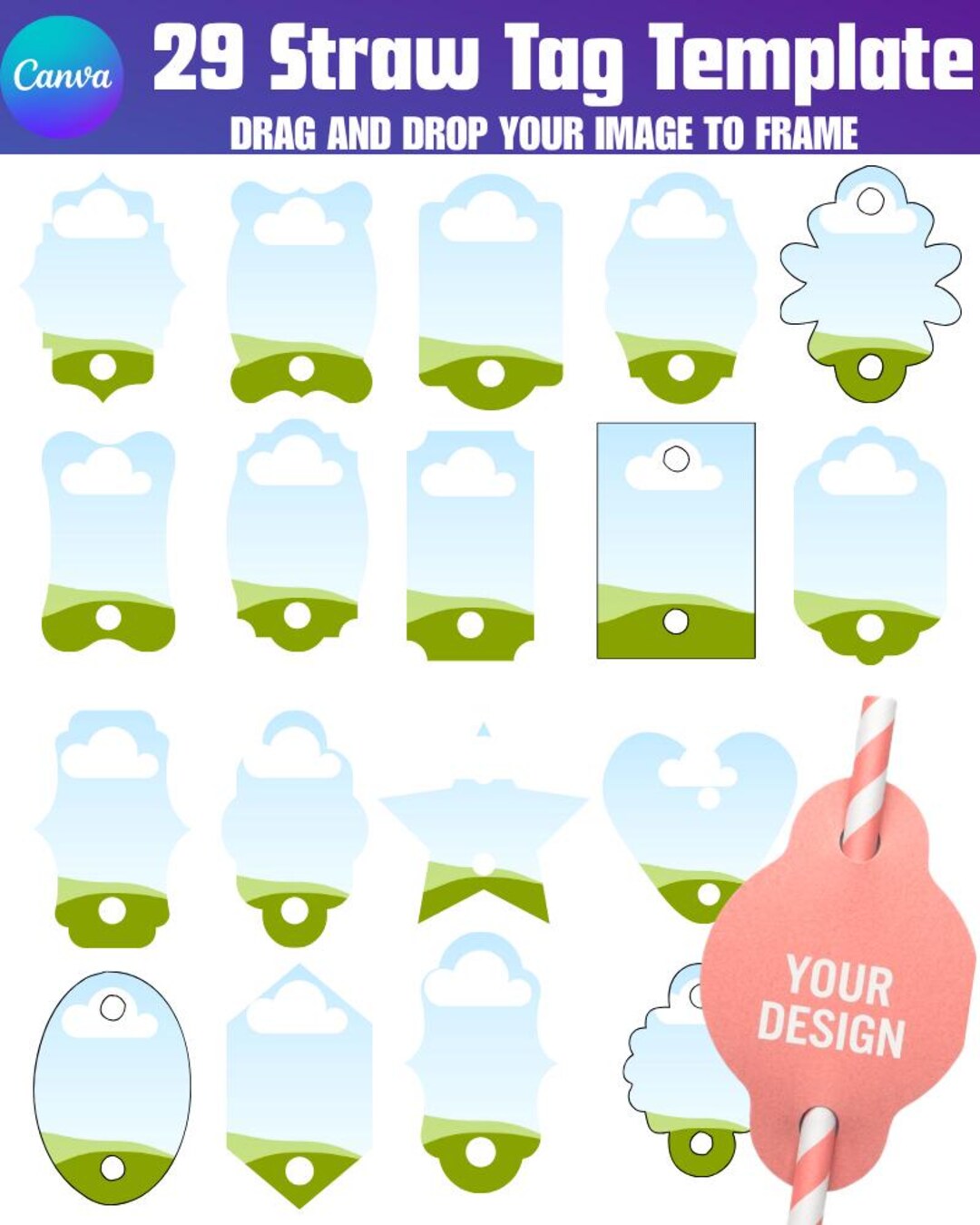 29 Straw Tag Template Bundle Canva Editable, Drink Straw Tag Designs ...