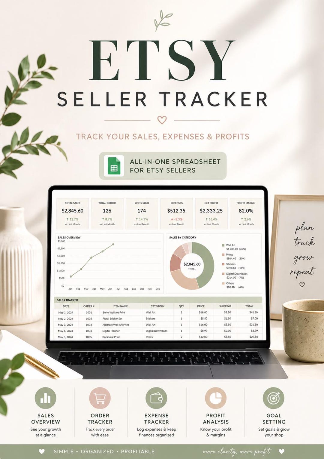 Etsy Seller Tracker Spreadsheet Sales Expense Profit Tracker Digital ...