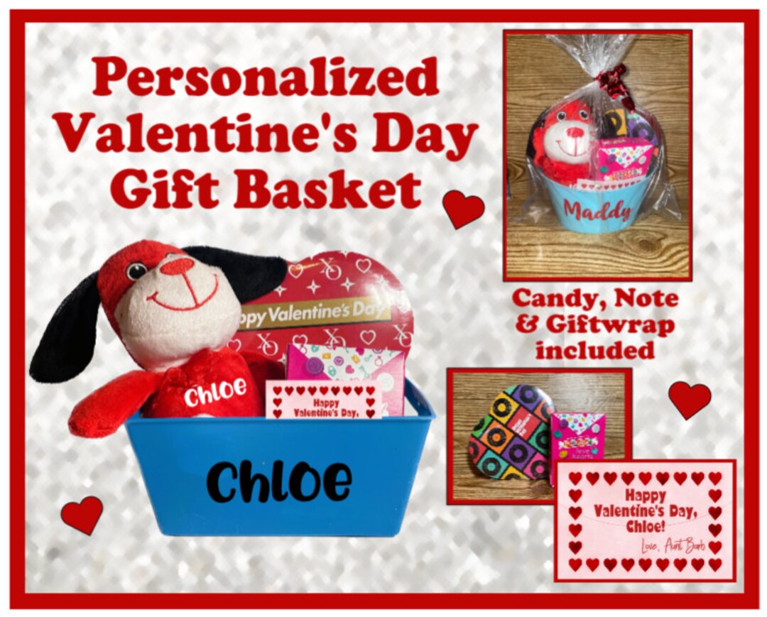 Personalized PLUSH RED DOG With Blue Square Basket Valentine's Day Gift ...